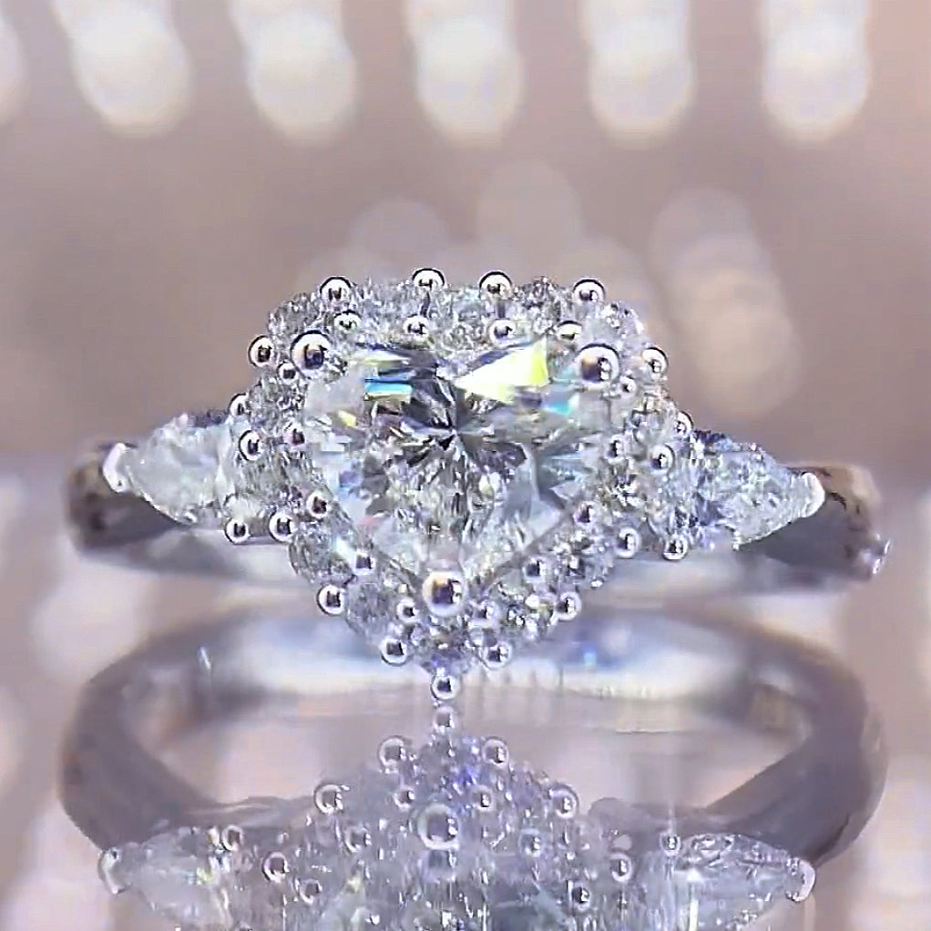 Heart Cut Three Stone Halo Design Moissanite Engagement Ring – Gemsbling